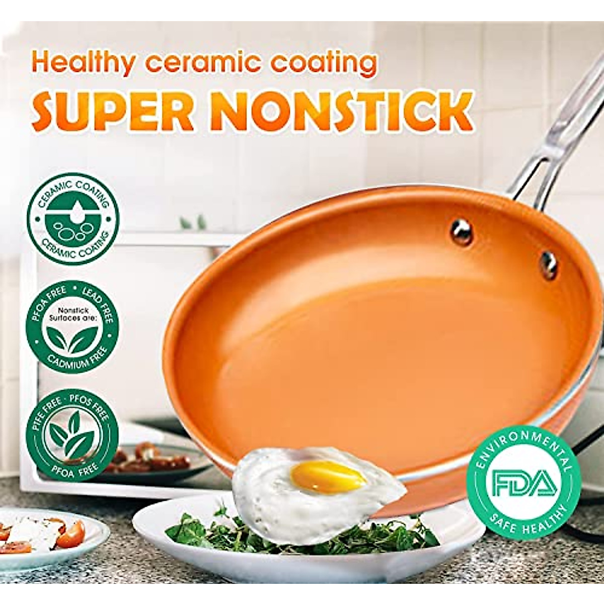 Artbros Frying Pan Set, Nonstick Skillet Pan Induction Aluminum Copper Pan with Ceramic Coating and Stainless Steel Handle - 8", 10" and 12"