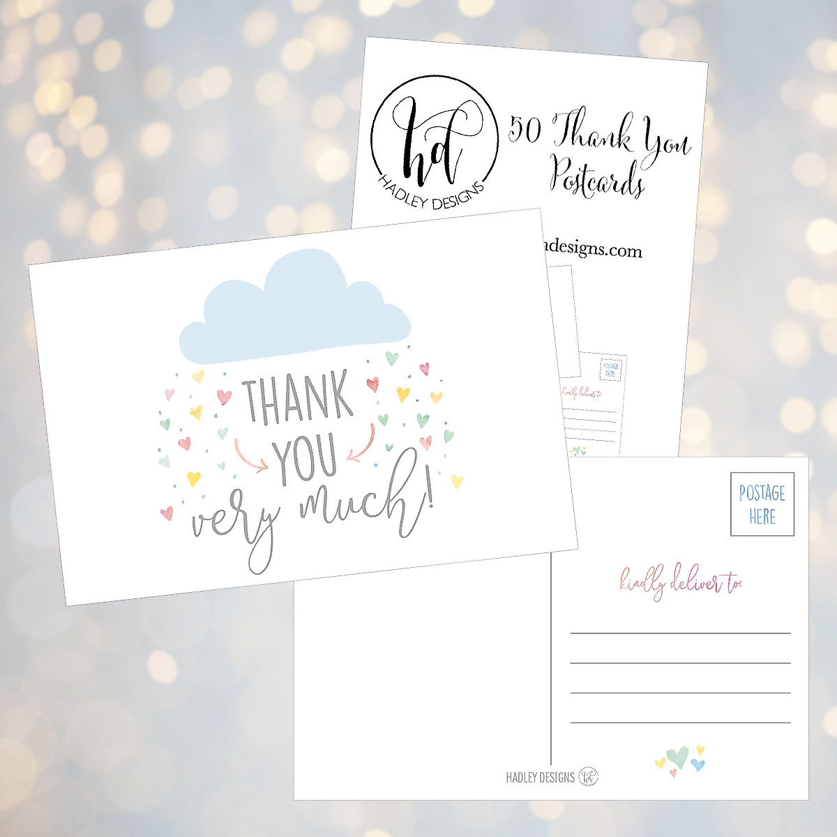 50 4x6 Rain Clouds Blank Thank You Postcards Bulk, Cute Modern Baby Shower Sprinkle Rainbow Showered With Love Thank You Note Card Stationery For Wedding Bridesmaid Bridal, Religious, Holiday