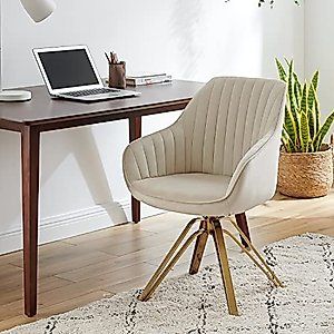 Volans Mid Century Modern Desk Chair No Wheels, Upholstered Swivel Accent Chair with Hollow Brushed Gold Plated Legs Office Chair for Home Office Bedroom, Beige Off White