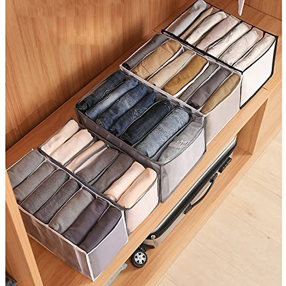 Clothing Organizer Washable Drawer Dividers 7 Girds Foldable Closet Jeans Compartment Storage Box Dresser Organizers Clear Mesh Separation Box for Underwear Bra Legging Pants T-Shirt