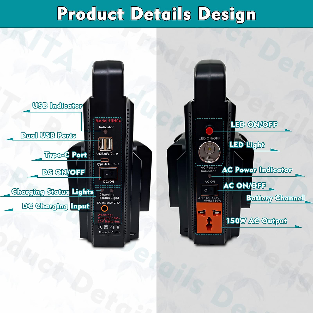 150W Portable Power Supply Inverter for Makita 18V Lithium Battery, TEPULAS 2-Channel Power Generator USB Power Station with Battery Charger & LED Light