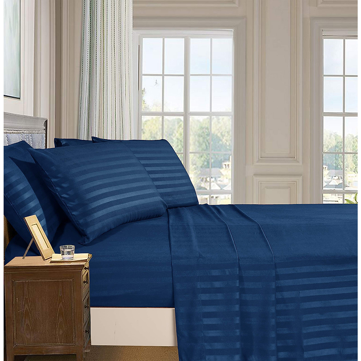 Elegant Comfort Best, Softest, Coziest 6-Piece Sheet Sets! - 1500 Premier Hotel Quality Luxurious Wrinkle Resistant 6-Piece DAMASK STRIPE Bed Sheet Set, Full Navy Blue