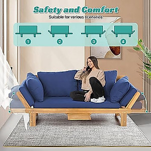 Yewuli Wooden Outdoor Futon Sofa, Couch with Adjustable Armrest,Convertible Outdoor Sofa Daybed with Expandable Plate,Acacia Wood Expandable Sofa with Cushions and Pillows for Backyard, Balcony,Patio