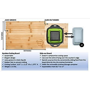 Cocina Vida Bamboo Cutting Board with 4 Collapsible Containers and Strainer - All-in-One Over the Sink or Counter Slide-out Bamboo Cutting Board - Kitchen Must Have
