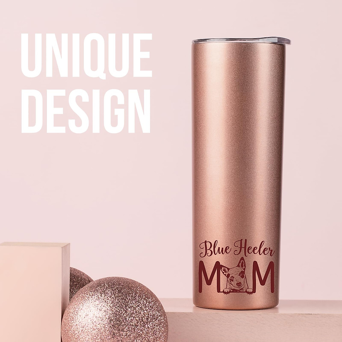 Onebttl Dog Mom Gifts, Dog Lover Gifts for Women, Best Dog Mom Ever, 20 oz Rose Gold Insulated Tumbler - Blue Heeler Mom