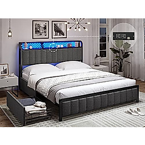 ADORNEVE LED Bed Frame Full Size with Storage Headboard and Outlets, Metal Platform Bed Full with 4 Storage Drawers and RGB LED Lights Headboard, No Box Spring Needed, Noise-Free,Dark Grey