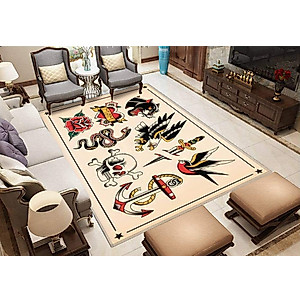 Vector Set of Old School Tattoo Designs Area Rugs Floor Mat Non Slip Throw Rugs Soft Door Mat Nursery Carpet for Living Room Home Indoor Outdoor Runner Rugs Yoga Mat
