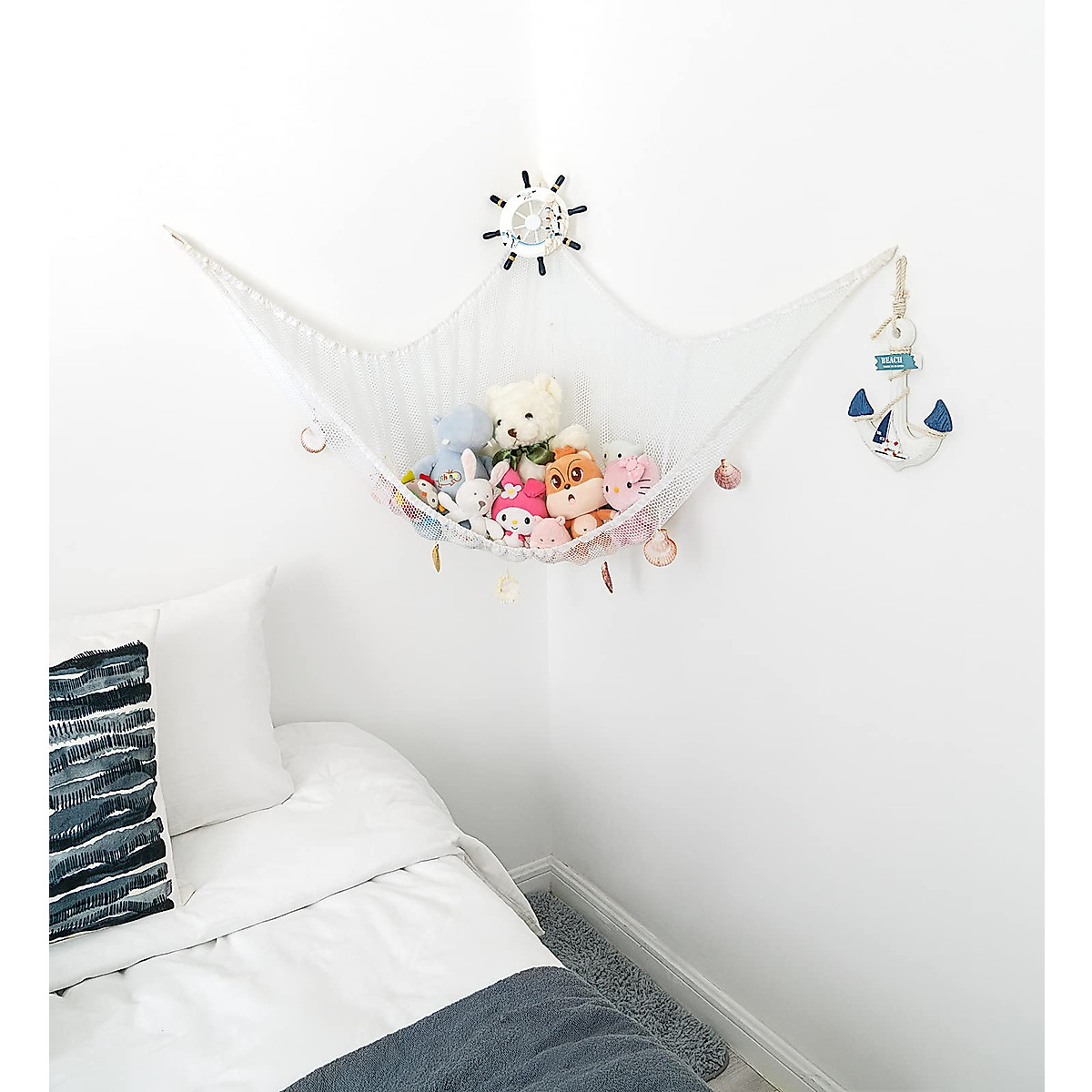 Mkono Stuffed Animal Hammock Toy Storage Nautical Style Hanging Stuff Animals Net Organizer with Shells and Nautical Decor, Large Steering Wheel Fishing Toys Net for Nursery Playroom Kid's Room