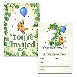 Dolimifa Winnie the Pooh 2nd Birthday Invitations Fill in Style Greenery Winnie the Pooh Blue Balloon Little Hunny Bear Winnie Second Birthday Invites for 2 Year Old, 20 Count With Envelopes