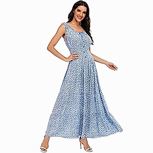 OSTOO Women's 2023 Summer Sleeveless Boho Floral Print Tiered Casual Flowy Long Maxi Dress (Blue, L)