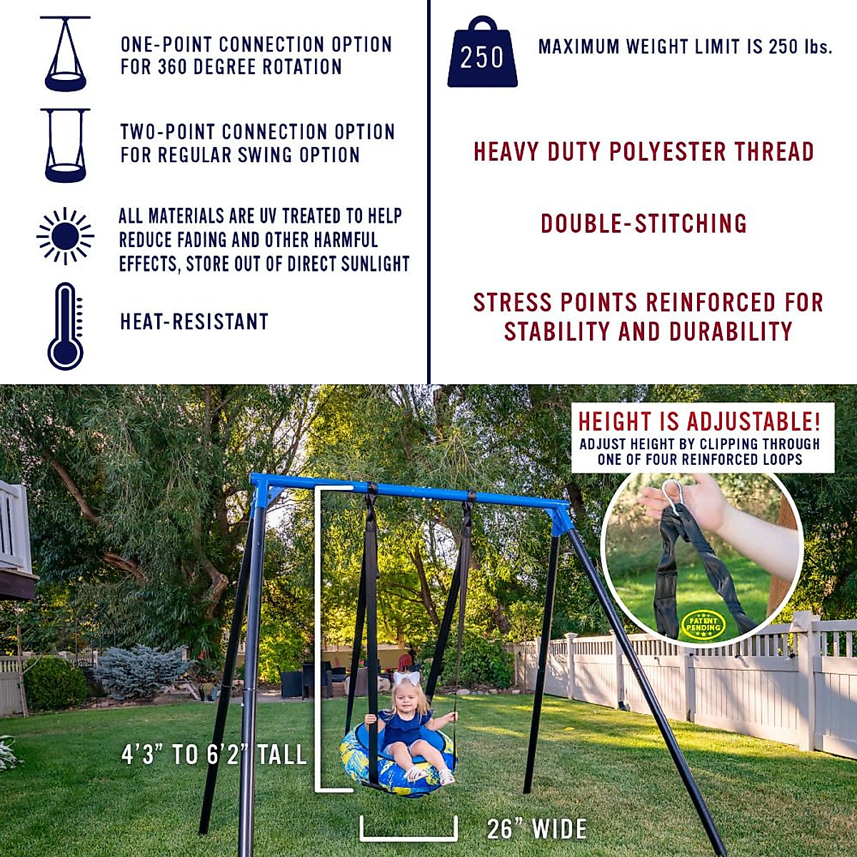 AIR Swing Round Inflatable Saucer Tree Swing - Heavy-Duty & Safe, Adjustable Indoor & Outdoor Swing for Kids 3+, for Any Jungle Gym Playground or Treehouse, 26" Blue/Yellow