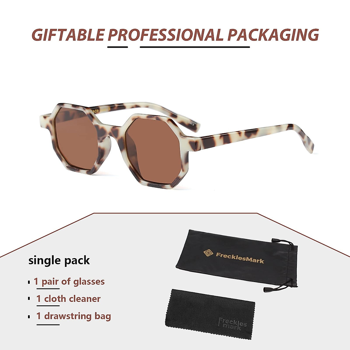 Freckles Mark Retro Hexagon Sunglasses for Men Women Vintage Small Square Glasses (Brown/Tortoise)