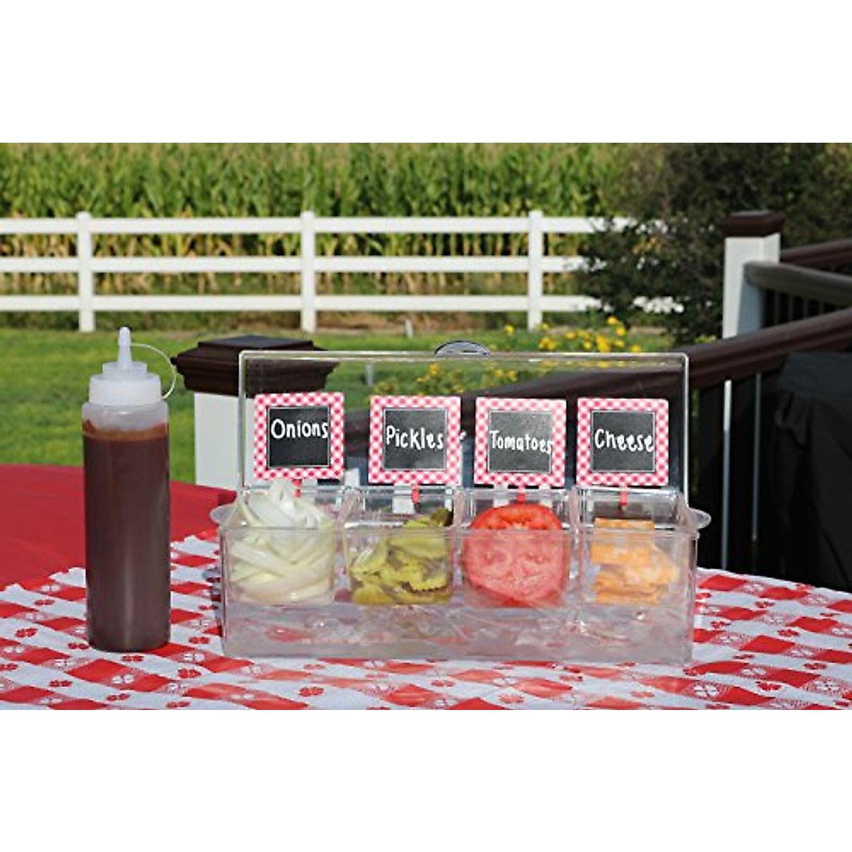 Oaklyn Large Clear Condiment Server Organizer on Ice with Containers and Lid – BPA-Free Serving Bar Compartments and Plastic Box Tray – Chilled Caddy Dispenser Set - Holds 80 oz Total