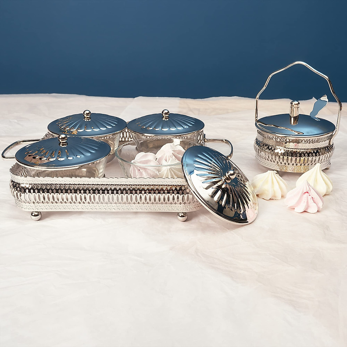 Regent Rigeli VICTORIA White Bronze plated 4 Compartment Party Set Stainless Steel square round with a metal cap 4 Compartment Serving Bowls for Candy, Nuts, Fruit, Veggies, pulses