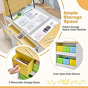 Costzon 2 in 1 Kids Table and Chair Set, Wood Art Table & Easel Set with 2 Chairs, 6 Storage Bins, Paper Roller, Paint Cups for Draw, Write, Play, Arts & Crafts, Toddler Table and Chair Set (Natural)