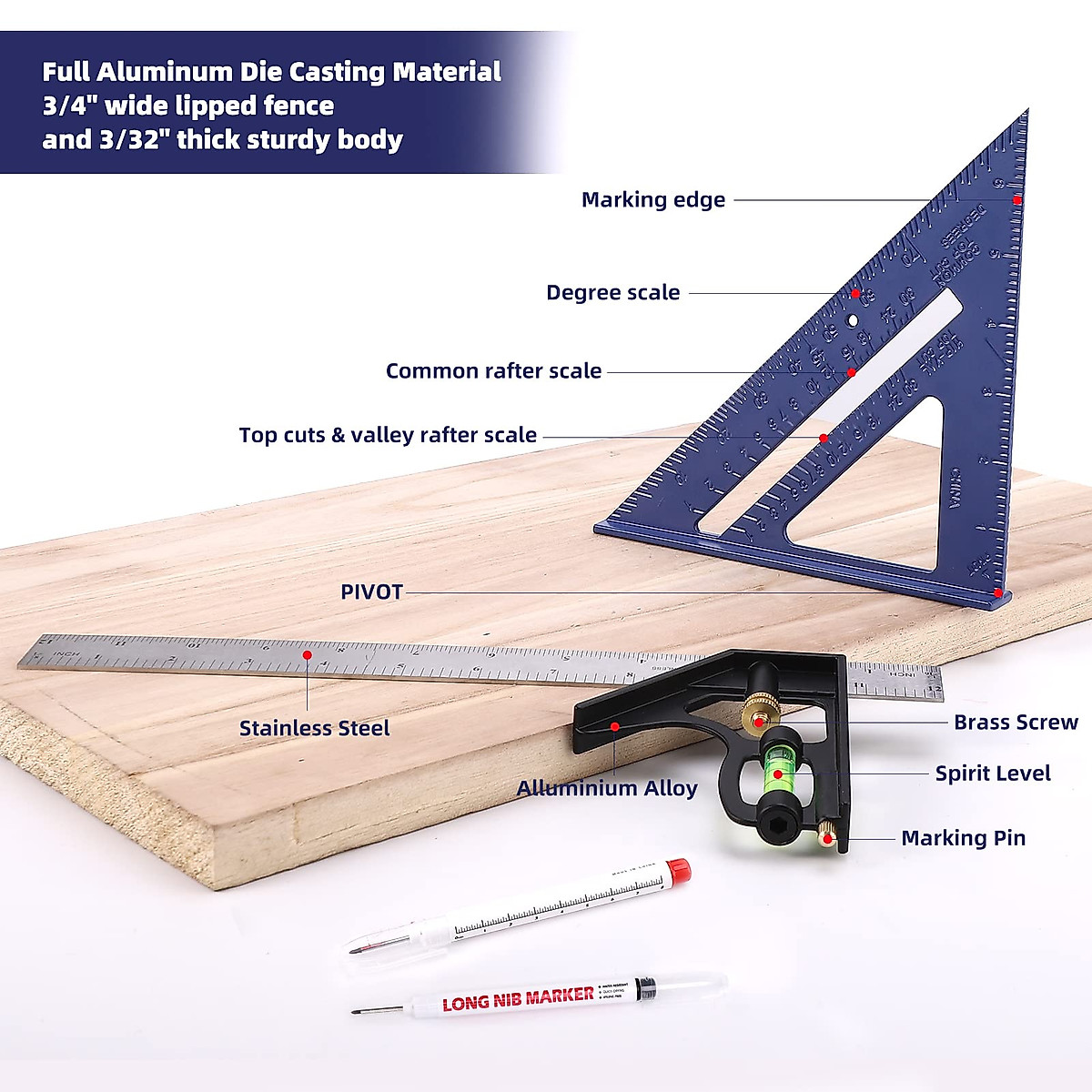 Rafter Square and 12 inch Combo Square Set, Aluminum, Blue