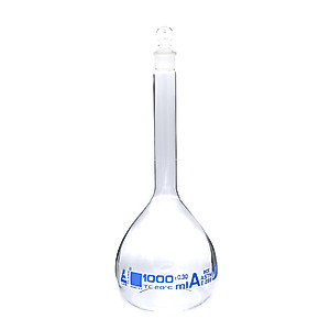 EISCO Volumetric Flask, 1000ml - Class A, ASTM - Tolerance ±0.300 ml - Glass Stopper - Single, Blue Graduation