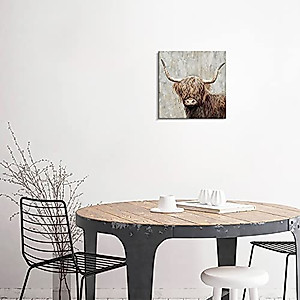 Kas Home Highland Cow Wall Decor Farmhouse Canvas Wall Art Picture Painting Wall Artwork Framed Country Home Decor for Living Room Bathroom Bedroom Kitchen Office (White - Bull01, 12 x 12 inch)