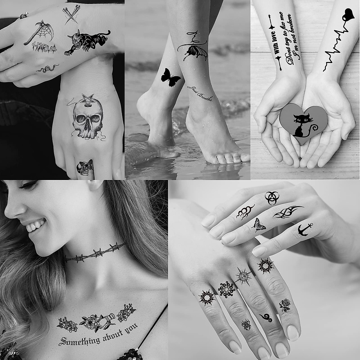 Hotoyannia 72 Sheets Halloween Tiny Temporary Tattoos Stickers, Fake Tattoos That Look Real And Last Long, Halloween Tattoos Include Black Scary Wolf Lion Tiger Skeleton Skull Tattoos