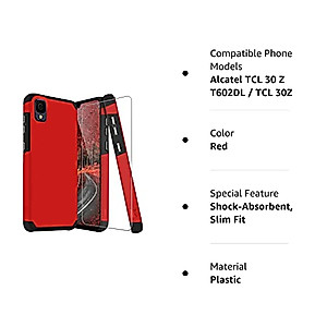 TJS for Alcatel TCL 30 Z T602DL Case, TCL 30 LE Case, with Tempered Glass Screen Protector, Dual Layer Hybrid Shockproof Drop Protection Impact Phone Case Cover for TCL 30Z / TCL 30LE (Red)
