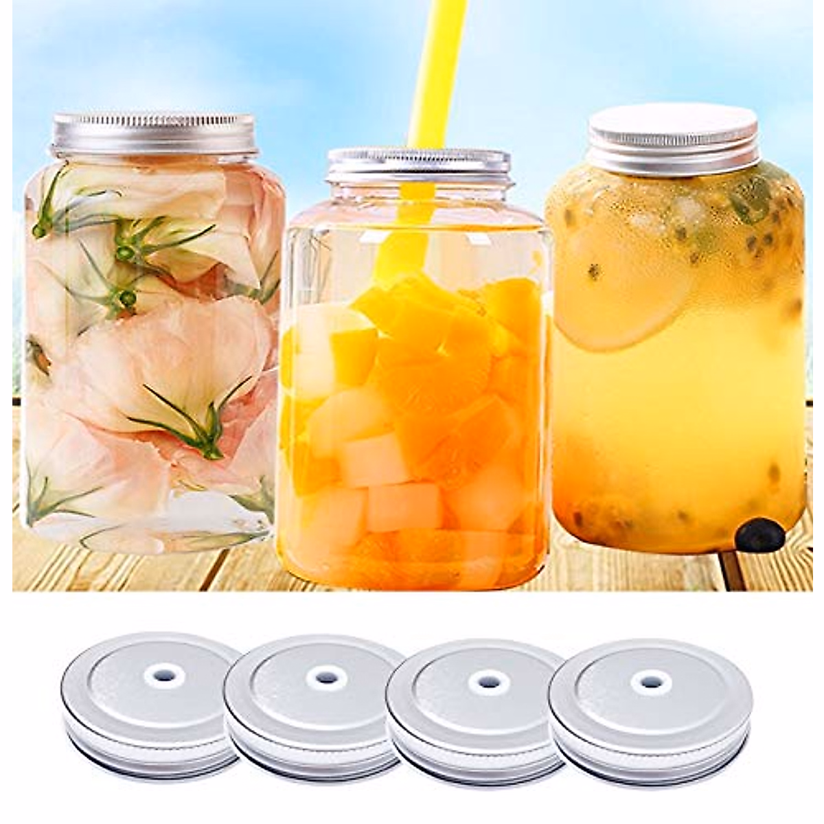 Luckkyme Mason Jar Lids, 20 Pieces Bottle Cap with Straw Hole/Silicone Rings Compatible with Mason Jar