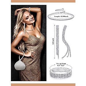 MTLEE Women Clutch Rhinestone Jewelry Set 4 Pieces Bridal Wedding Choker Bracelet Dangle Earrings Triangle Bling Glitter Purse for Party (Silver)