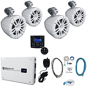 Memphis Audio 4 MXA82TW 8" Marine Wakeboard Tower Speakers/LED+Swivel White Bundle with Rockville RGHR-ZA Receiver, Krypton MF3 Amplifier, RMWK4 Amp Install Wire Kit & MRCA25 RCA Cable (8 Items)