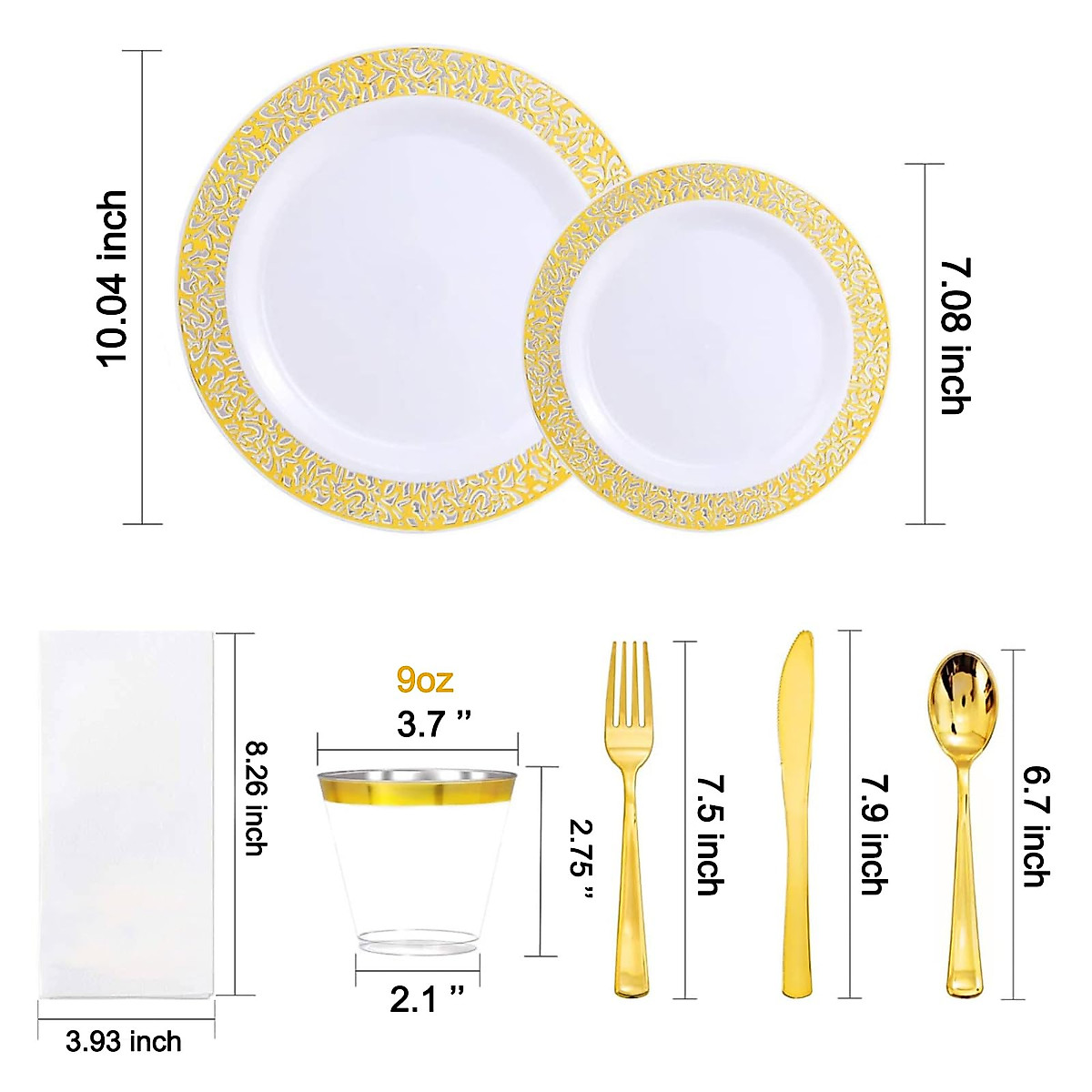 350 Piece Dinnerware Set for Wedding & Party,50 Guest Lace Design Plastic Plates,50 Plastic Silverware,50 Cups,50 Linen Like Napkins,50 Guest Disposable Dinnerware Set (Gold)