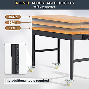 HABUTWAY Height Adjustable Workbench with Wheels 48" x 24" 2000 Lbs Capacity Oak Wood Work Station Heavy-Duty Rolling Work Tables for Garage Party Shop Office