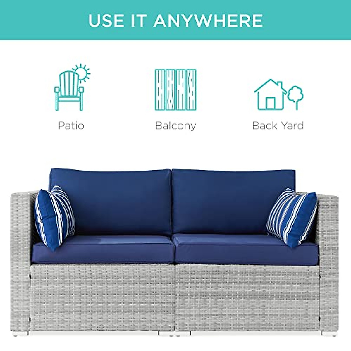 Best Choice Products 2-Person Outdoor Patio Loveseat Sofa, Modular Wicker Couch Furniture Conversation Set w/ 2 Accent Pillows, Adjustable Feet, 550lb Weight Capacity - Gray/Navy