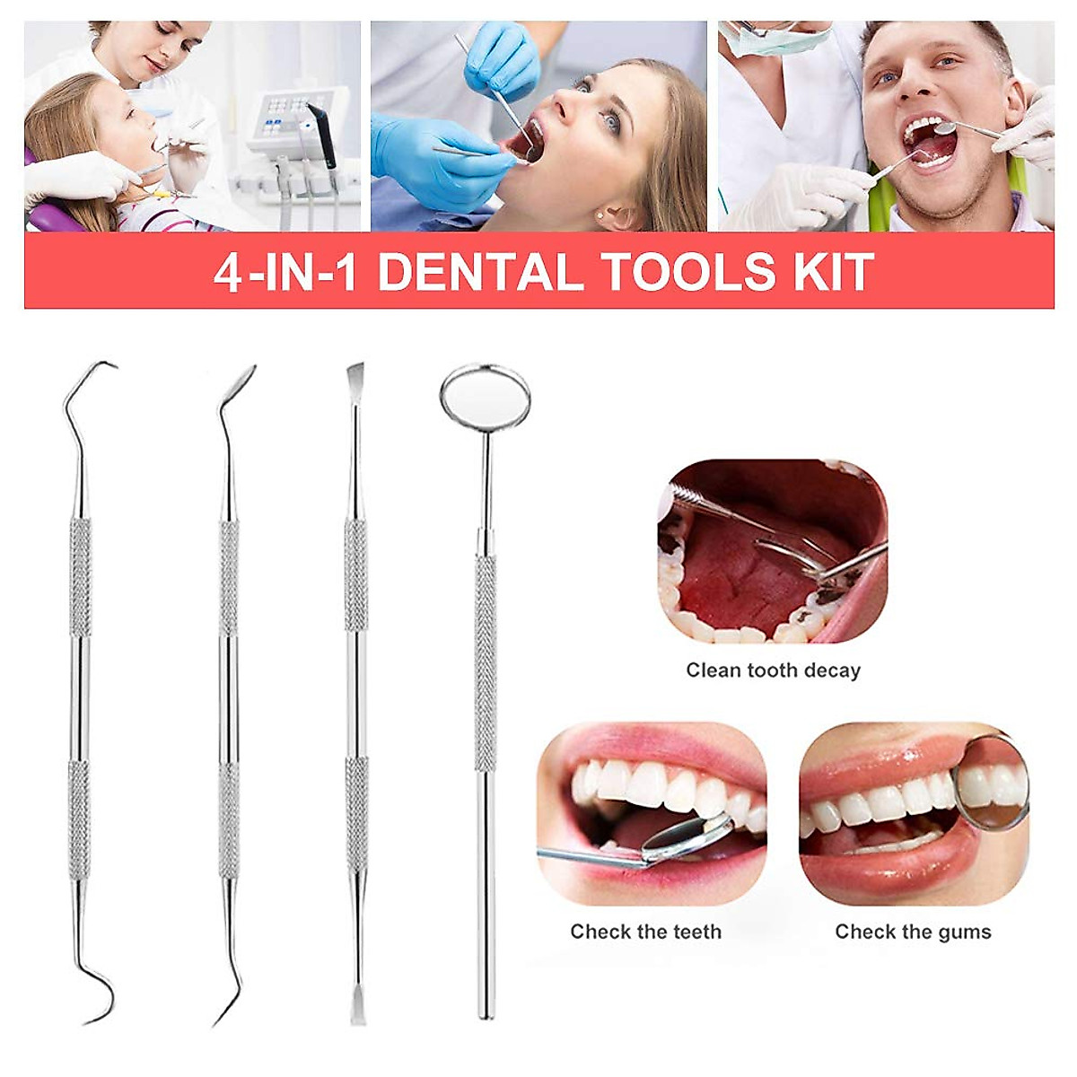 Angzhili Dental Hygiene Tool Set Stainless Steel Dental Probe, Mouth Mirror,Tarter Scraper and Sickle Scaler, Basic Examination Dental Kit Is Ideal for Personal and Pet(6.8 Inch)