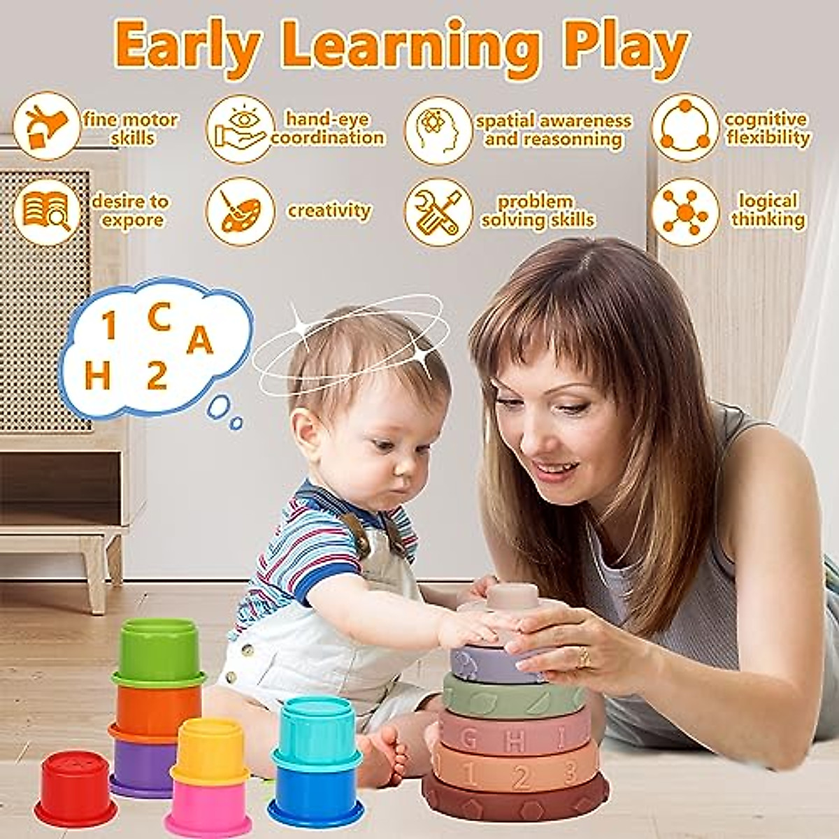 5 in 1 Baby Montessori Toys, Sensory Bin Pull String Teething Toy 0-6 to 12 Month Suction Cup Spinner Infant Travel Bath Toy 6 7 8 18 M+ Soft Stacking Cups Rings Learning Activity Toddler 0-2 Gift Set