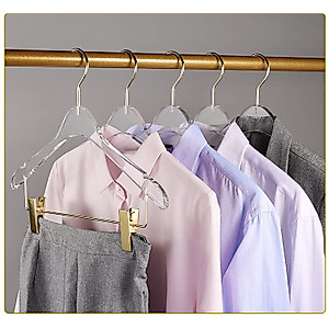 Nisorpa Acrylic Hangers with Clips, 10 Pack Clear Plastic Hangers Non-Slip with Golden Chrome Steel Hook, Clothes Hangers Space Saving Hanger for Dresses Suit Jacket Sweater Blouse