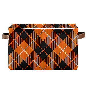 NFMILI Orange Black Plaid Storage Basket, Fabric Storage Cubes Bins, Open Home Storage Bins with Handle 14.2 x 10.2 x 8.3 in