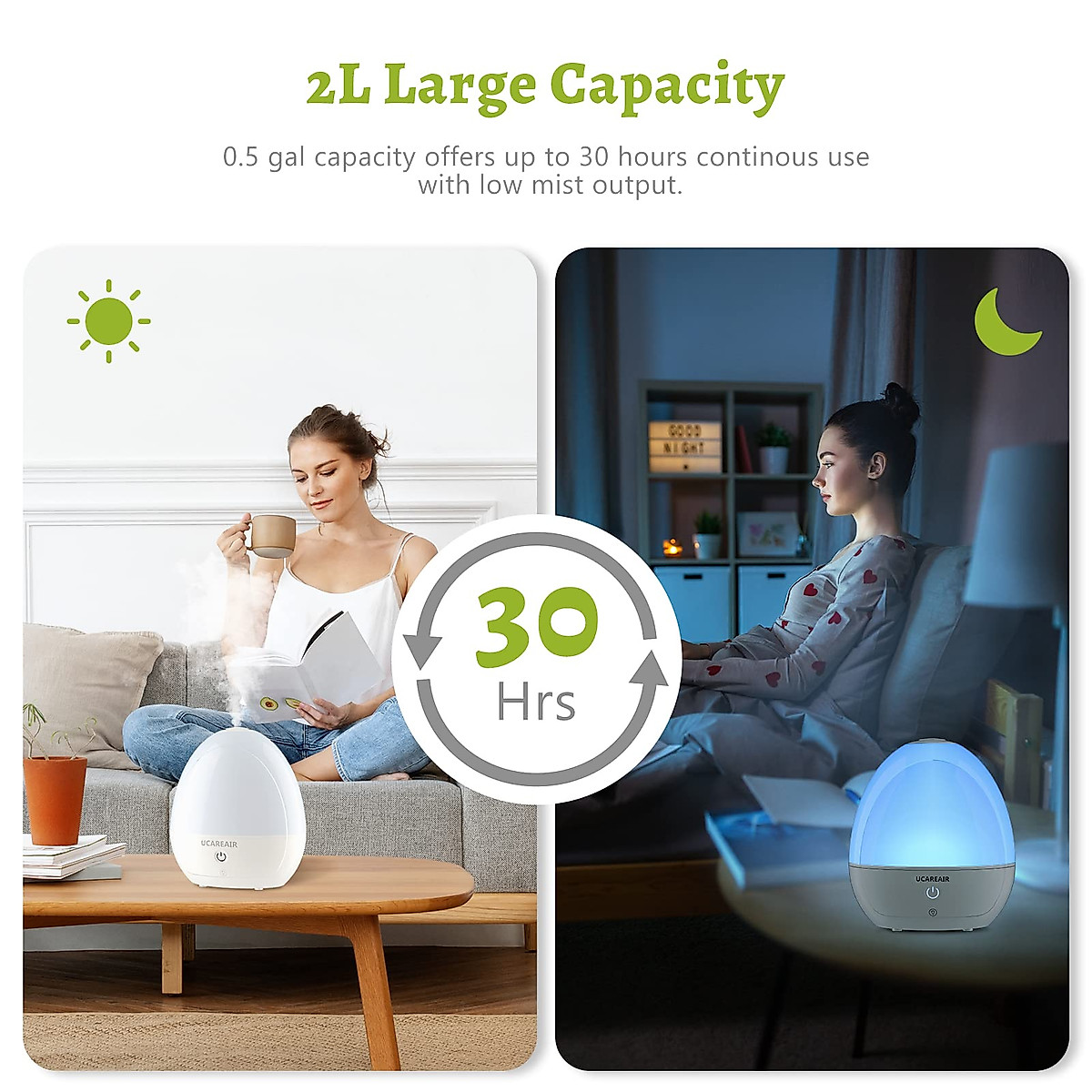 Ultrasonic Cool Mist Humidifiers for Bedroom,2L Humidifiers for Home, 28dB Whisper-Quiet Air Humidifiers for Baby Nursery, 360°Rotation Nozzle, Up to 30 Hours, Auto Shut-Off, 7-Color Night Light