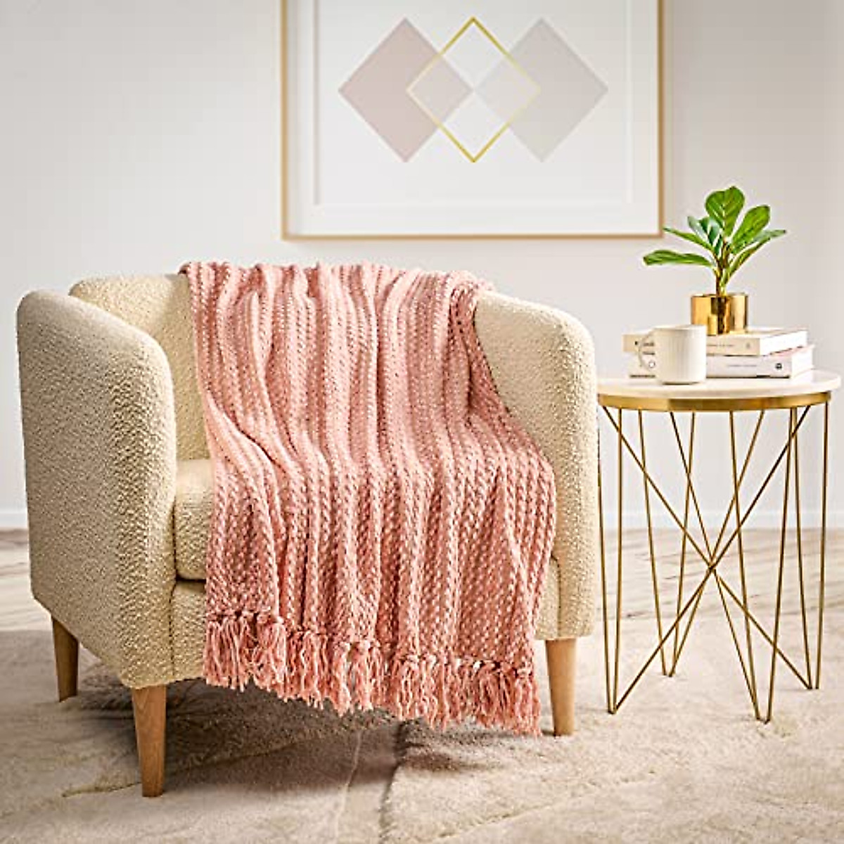 Lumina Lou Knitted Throw Blanket- Oversized Knit Boho Blanket for Couch and Bed- Super Soft Chenille Knit Blush Pink Throw Blanket