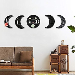 AKaSping 5PCS Moon Phase Shelf Set Black Moon Decoration Rack Wall-Mounted Moon Shelf for Essential Oil Crystal Gemstone Display Wall Hanging Storage Box