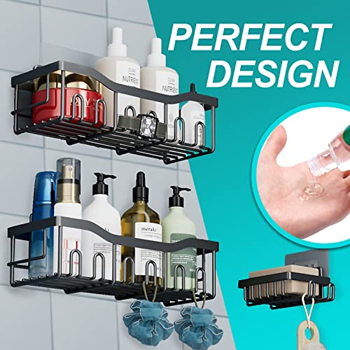 shower shelves[5 pcs],Kitchen&bathroom storage shelf, strong adhesive,bathroom shelf no drilling , rustproof stainless steel soap box, toothpaste, towel and toiletries,Cutlery Storage Box , black