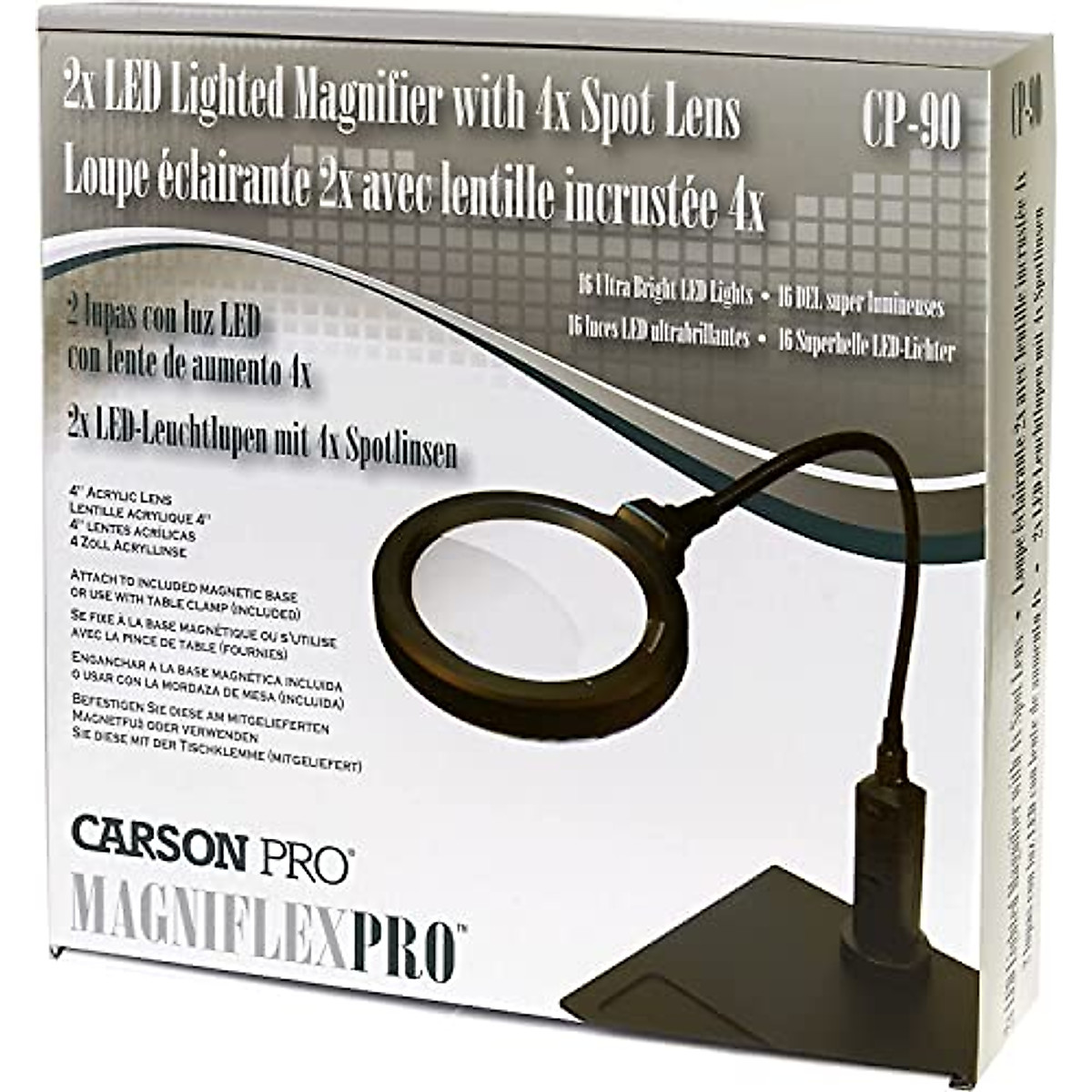 Carson MagniFlex Pro 2x LED Lighted Gooseneck Flexible Magnifier with 4x Spots Lens and Magnetic Base (CP-90) Black