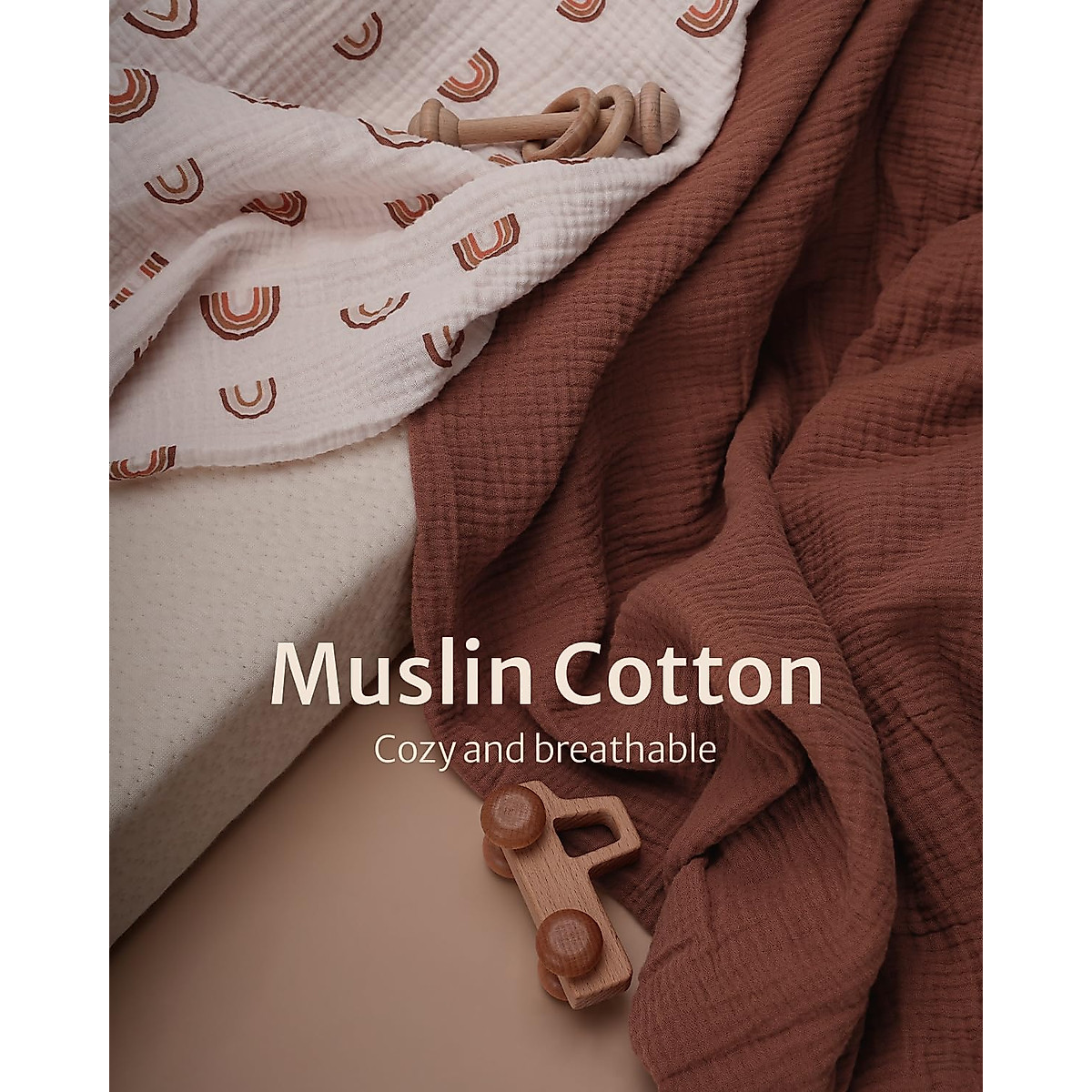 Blissful Diary Muslin Mini Crib Sheets, Pack and Play Mattress Sheets Fitted for Pack N Play, Soft Cotton for Boys Girls, 2 Pack(Rainbow&Cedar)