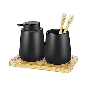 Black Soap Dispenser and Toothbrush Holder Set of 2, 12oz Ceramic Hand Soap Dispenser and Toothbrush Cup Holders for Farmhouse Bathroom Decor with Wooden Tray