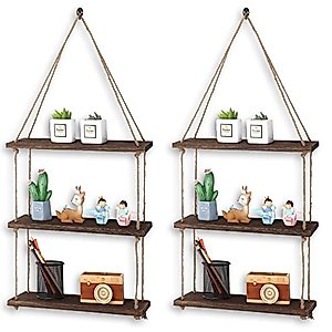 2 Sets Hanging Shelves for Wall 3 Tier Antique Wood Floating Hanging Shelf with Ropes Window Plant Shelves Rustic Storage Rack Wooden Floating Small Bookshelves for Bedroom Living Room Bathroom Decor