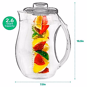 Large Fruit Infuser Water Pitcher (2.9 Quart / 93 Oz) – Shatterproof Acrylic Infusion Jug for Iced Tea, Juice, Beverages, Water, Lemon, Fruit & Herbs – BPA Free