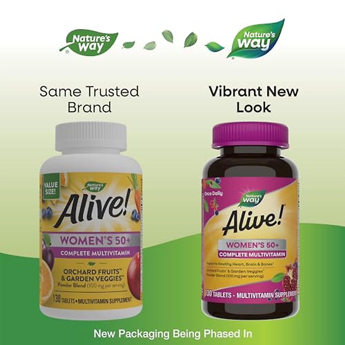 Nature's Way Alive! Women's 50+ Complete Multivitamin, Supports Healthy Heart, Brain, Bones*, B-Vitamins, Gluten Free, 130 Tablets (Packaging May Vary)