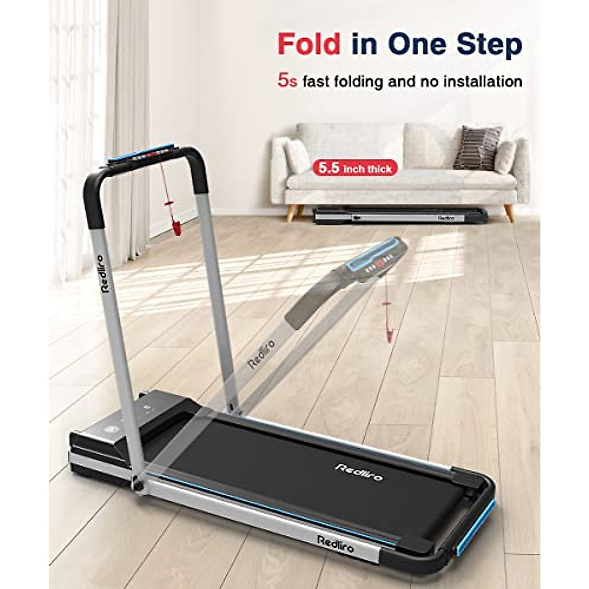 REDLIRO Under Desk Treadmill, 2 in 1 Motorized Portable Foldable Treadmill Compact Fold Up Walking Pad, Sturdy Folding for Small Space with Remote Control, LED Display Home & Office Use