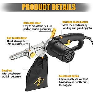CUBEWAY Electric Mini Belt Sander, Belt Grinder 400W with 300-1700RPM Variable Speed Detailing File Sander with 2 Threads (3/8" x 18" and 1/2" x 18") and 6 Sanding Belts for wood, metal, and plastics