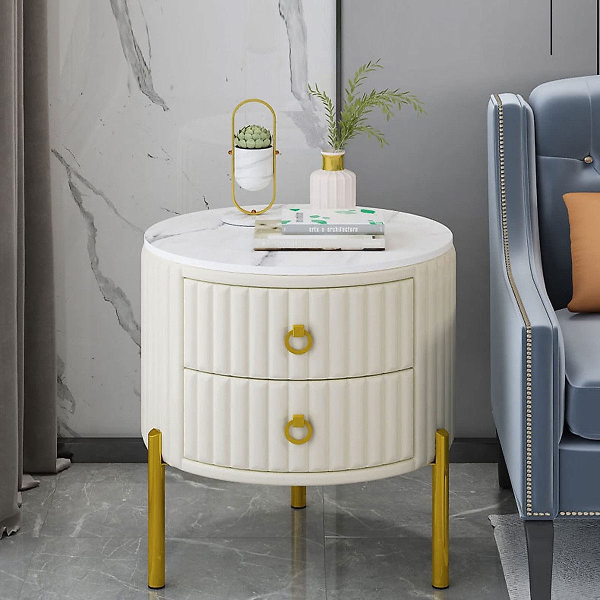 Mobile Side Table Small Side Table with 2 Drawers, Bedside Furniture, Night Stand, End Table with Gold Frame for Bedroom,Living Room, Round Coffee Table Cocktail Table Sofa End Table ( Color : Gold )