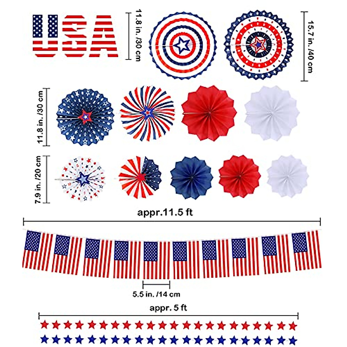Bulk Patriotic Red White Blue Party Decoration Assortment American USA Flag Banner Star Garland Hanging Paper Fans Hanging Swirl Tissue Paper Pom Poms for 4th of July Independence Day Memorial Day