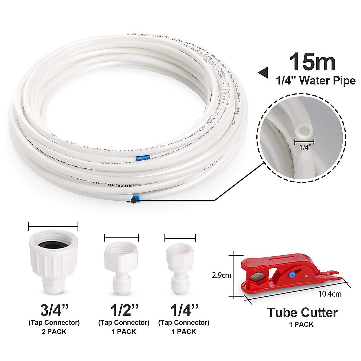 49.2Ft Water Supply Pipe Tube,Refrigerator Water Line +Fridge Connector Kit, ice Maker Water Line Kit for Refrigerator,Ice Maker... (1/4" tubing Pipe)-Easy Installation