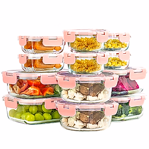UMI UMIZILI 12 Pack Pink Glass Food Storage Containers with Lids, Airtight Meal Prep Lunch Containers with Snap Locking Lids Leakage-proof, Multi Sizes Glass Container Set for Any Occassions